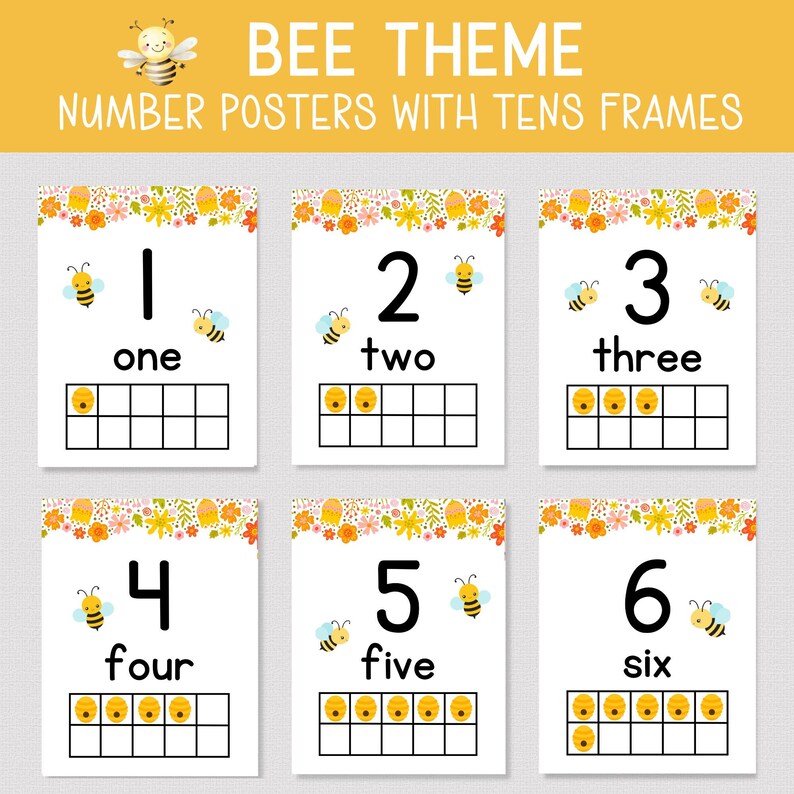 BEE THEME NUMBER Posters, Printable Honey Bee Theme, Numbers 1-20 ...