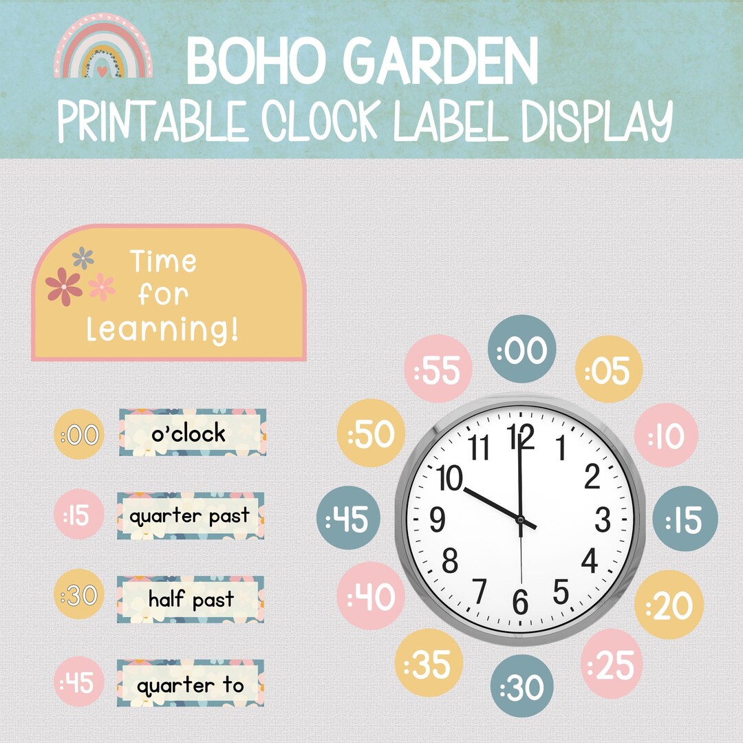 BOHO GARDEN CLOCK Labels Display for Classroom, Printable Boho Theme ...