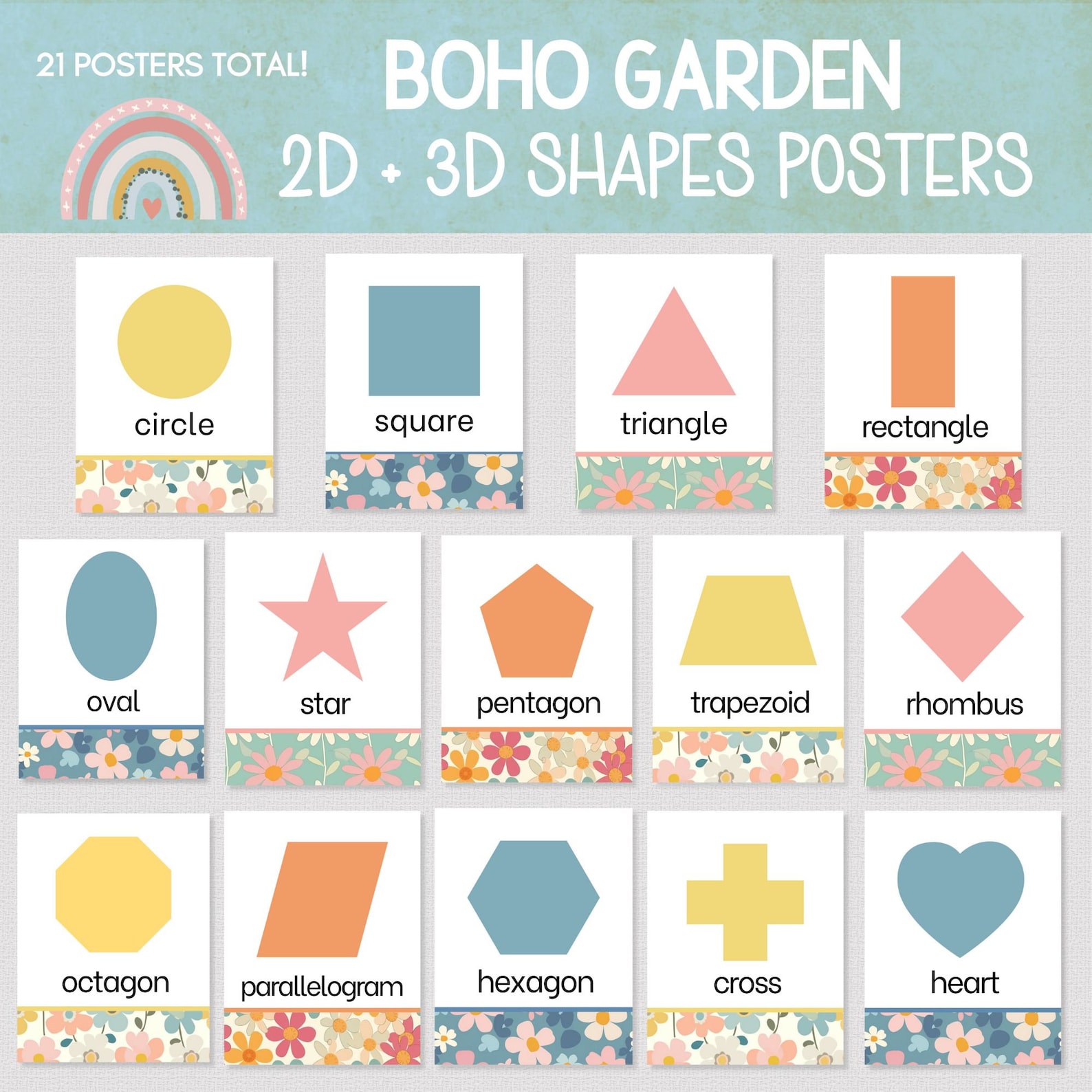 BOHO GARDEN THEME 2D and 3D Shape Posters for Classroom, Set of 21 ...