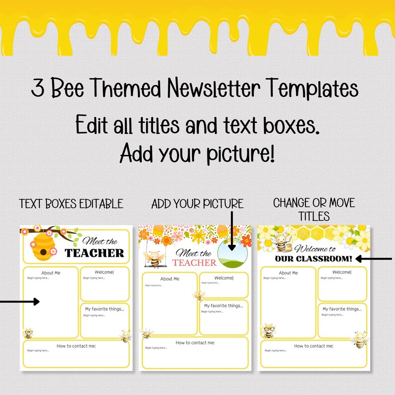 MEET THE TEACHER Bee Theme Newsletter Templates, Canva Template for ...