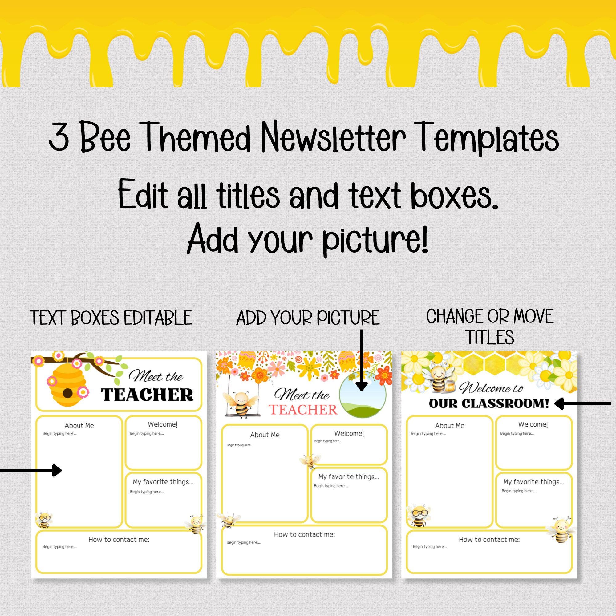 MEET THE TEACHER Bee Theme Newsletter Templates, Canva Template for ...