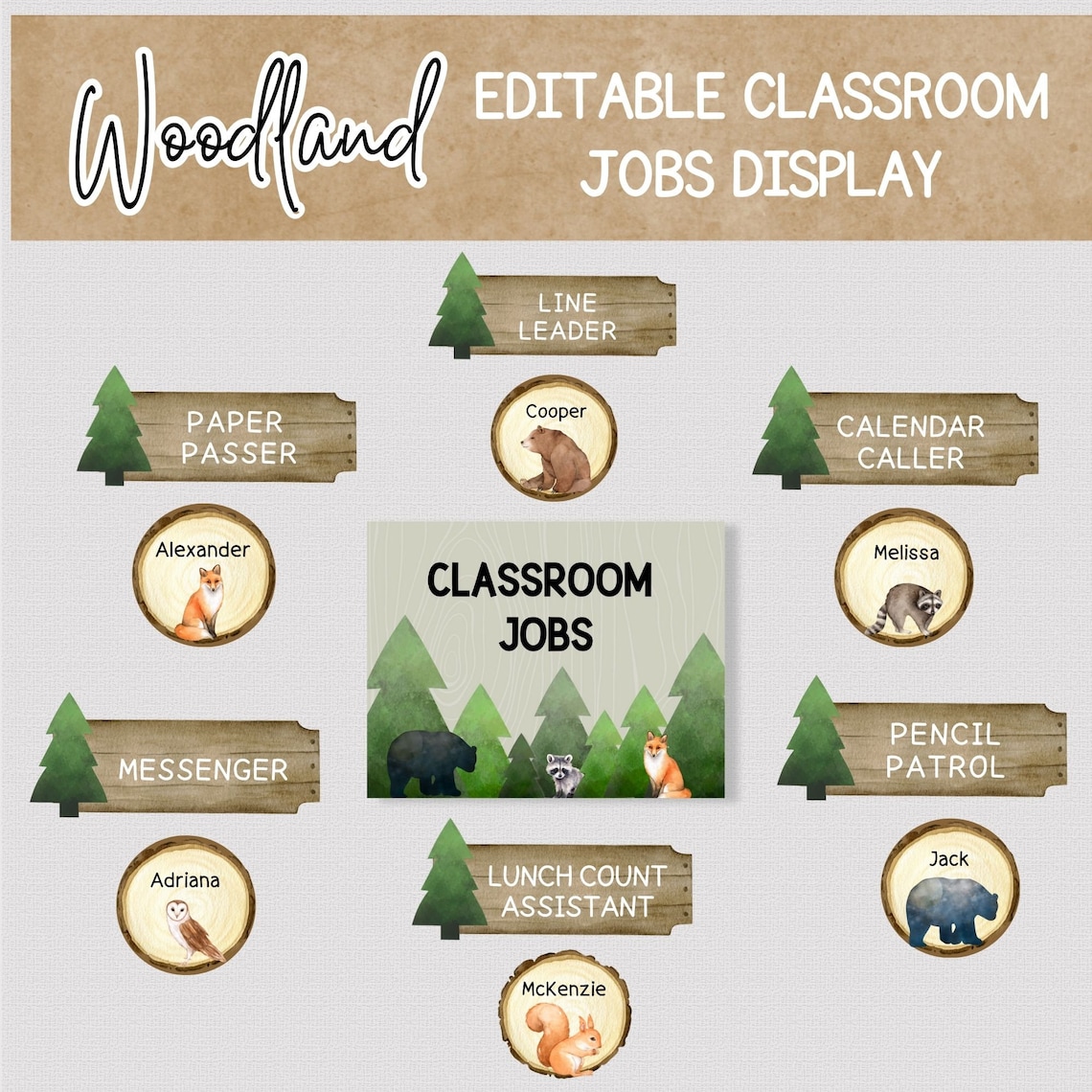 WOODLAND CLASSROOM JOBS Display, Printable Classroom Jobs Chart ...