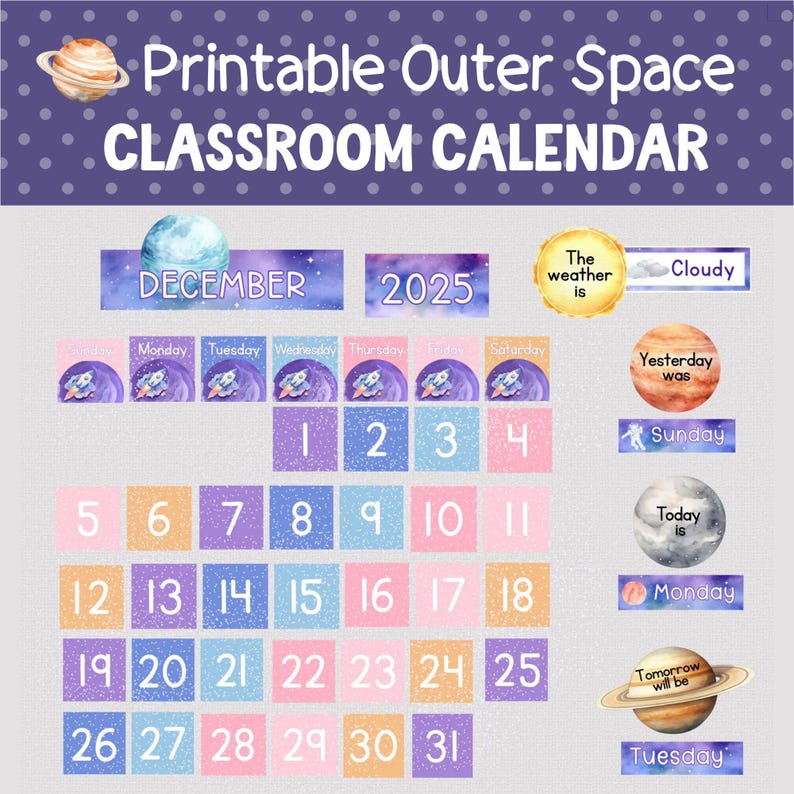 PRINTABLE SPACE THEME Classroom Calender, Instant Download Calendar ...