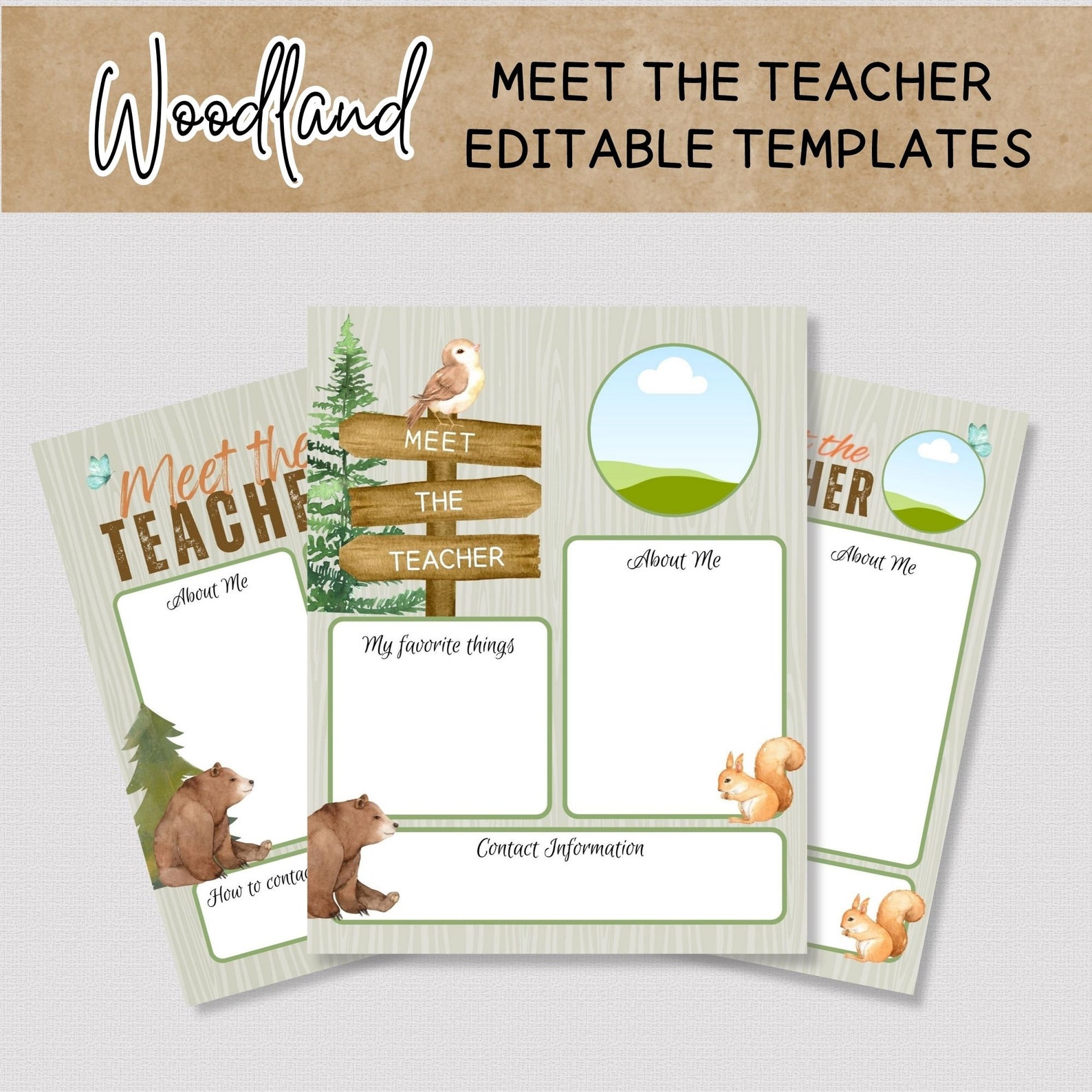 MEET THE TEACHER Woodland Themed Template, Canva Teacher Template for ...
