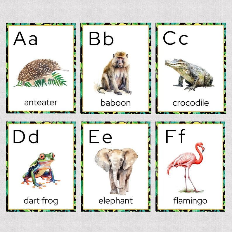 JUNGLE ALPHABET POSTERS, Printable Safari Animals Alphabet Posters, Abc ...