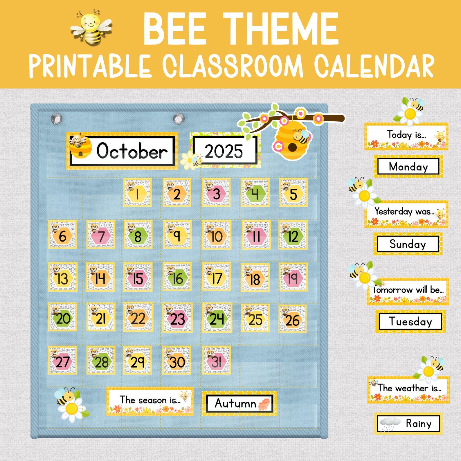 BEE THEME CLASSROOM Calender, Printable Honey Bee Calendar Bulletin ...