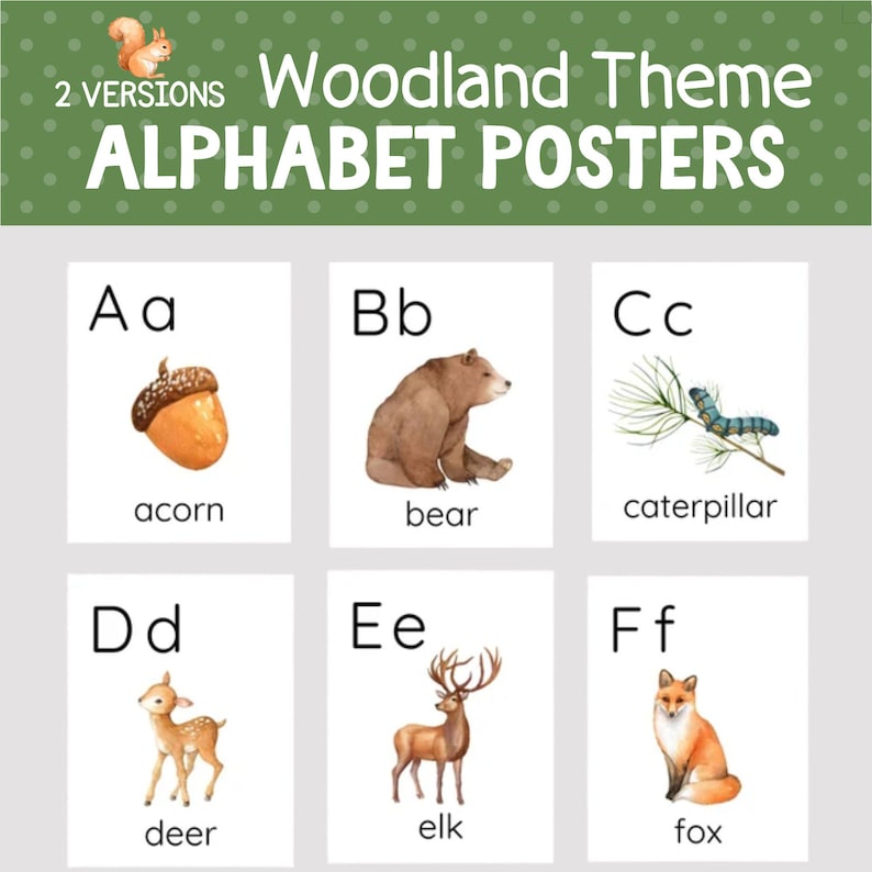 WOODLAND ALPHABET POSTERS, Printable Woodland Theme, Alphabet Classroom ...