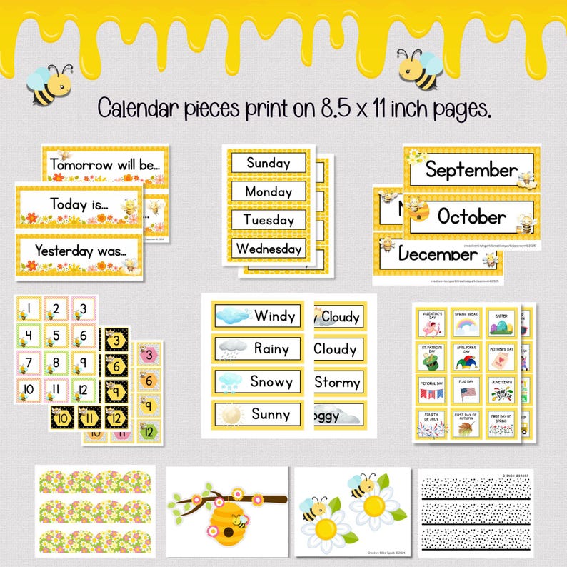 BEE THEME CLASSROOM Calender, Printable Honey Bee Calendar Bulletin ...