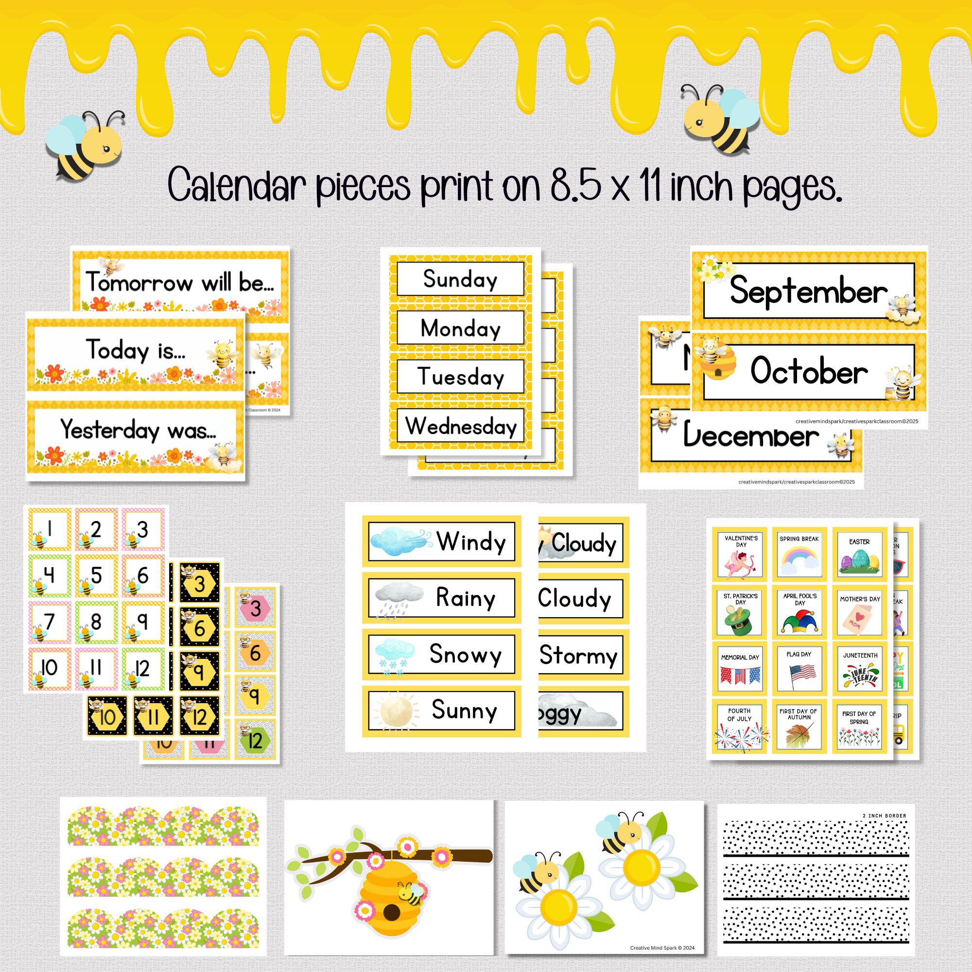BEE THEME CLASSROOM Calender, Printable Honey Bee Calendar Bulletin ...