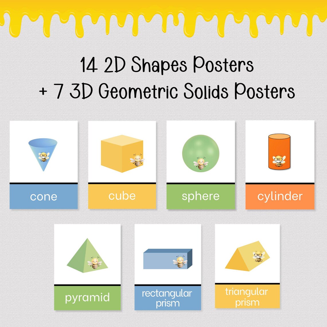 MATH SHAPES POSTERS for Classroom, Bee Theme 2d and 3d Shapes Posters ...