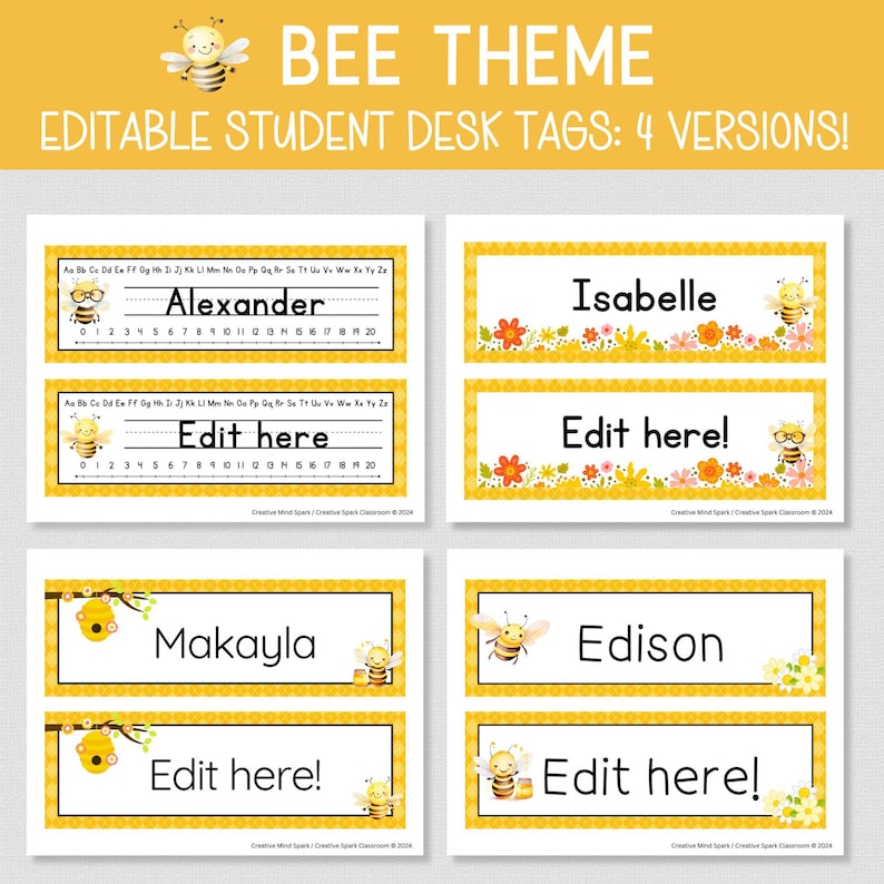 HONEY BEE DESK Name Tags, Editable Bee Theme Desk Name Plates ...