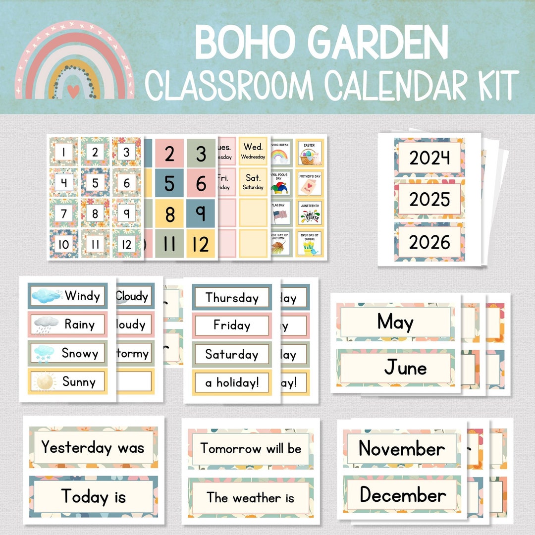 BOHO GARDEN CLASSROOM Calendar Kit, Printable Boho Calendar Set , Retro ...