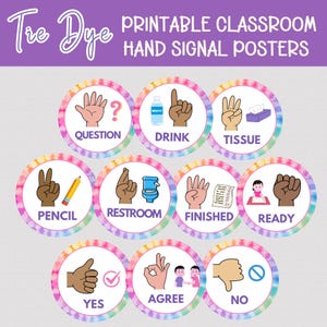 TIE DYE Printable Hand Signal Signs for Classroom Management, Colorful ...