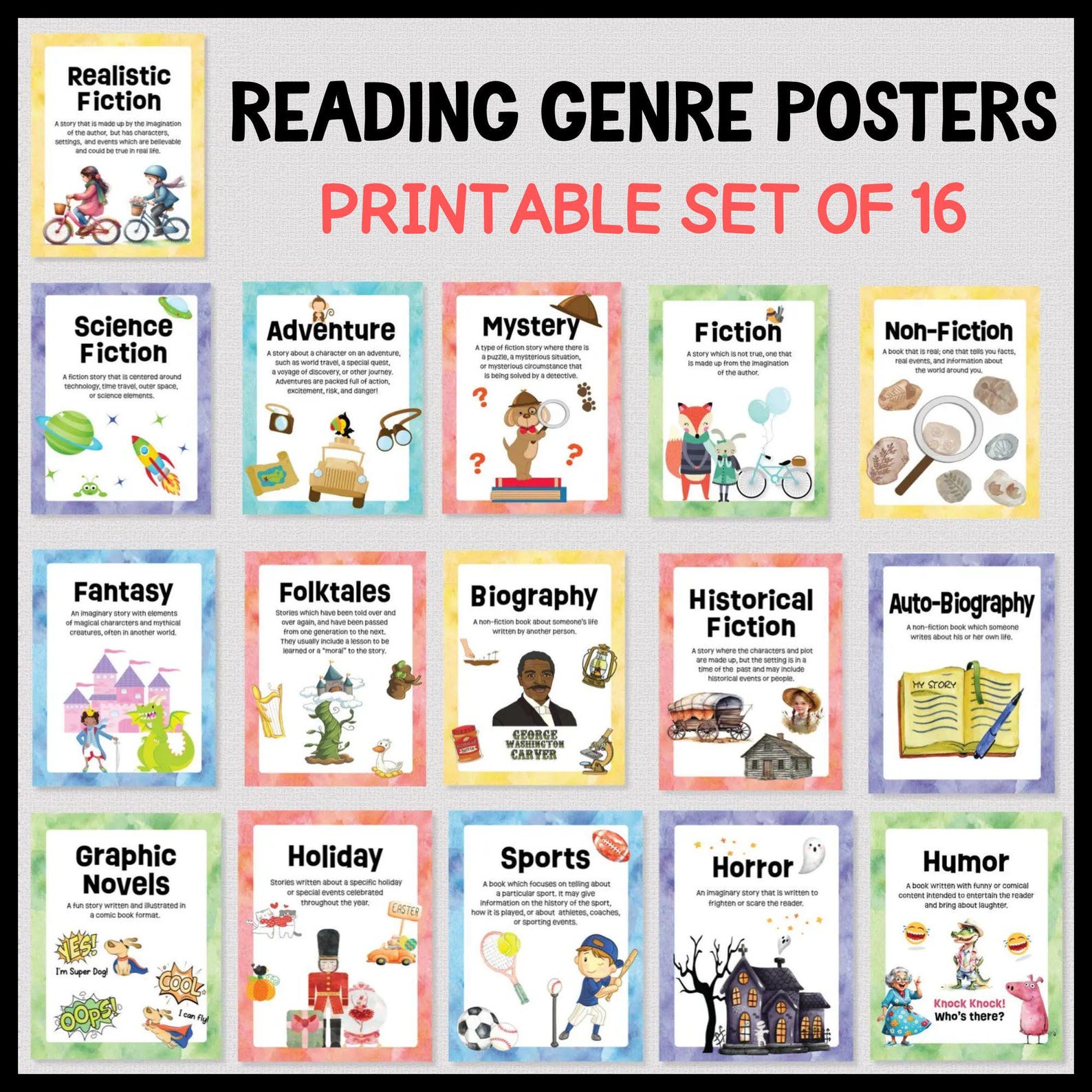 LITERATURE GENRE POSTERS for Classroom, Printable Library Genre Posters ...