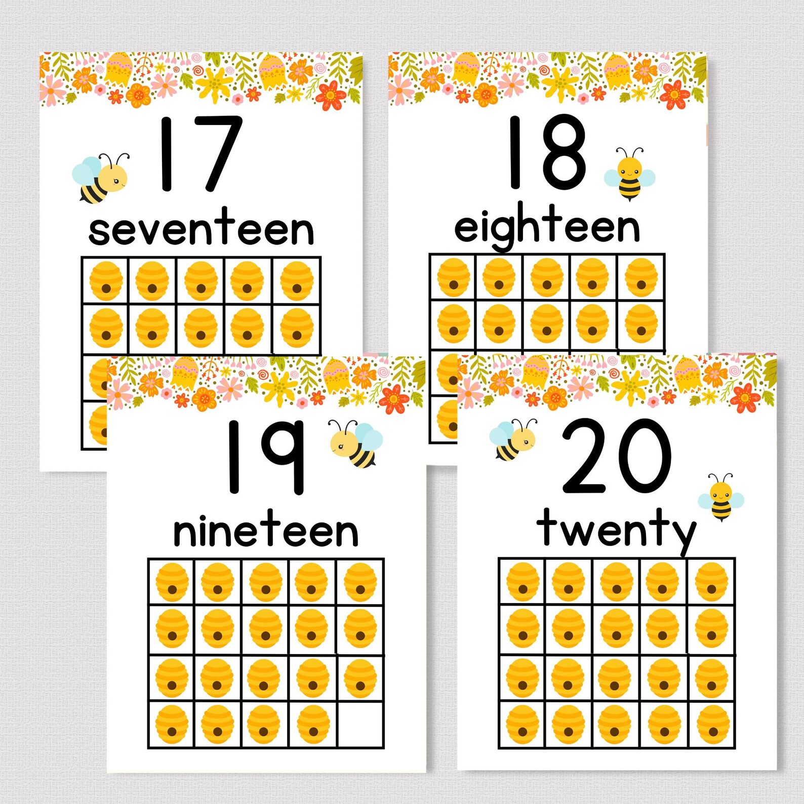BEE THEME NUMBER Posters, Printable Honey Bee Theme, Numbers 1-20 ...