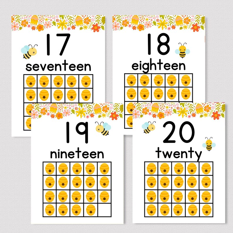 BEE THEME NUMBER Posters, Printable Honey Bee Theme, Numbers 1-20 ...