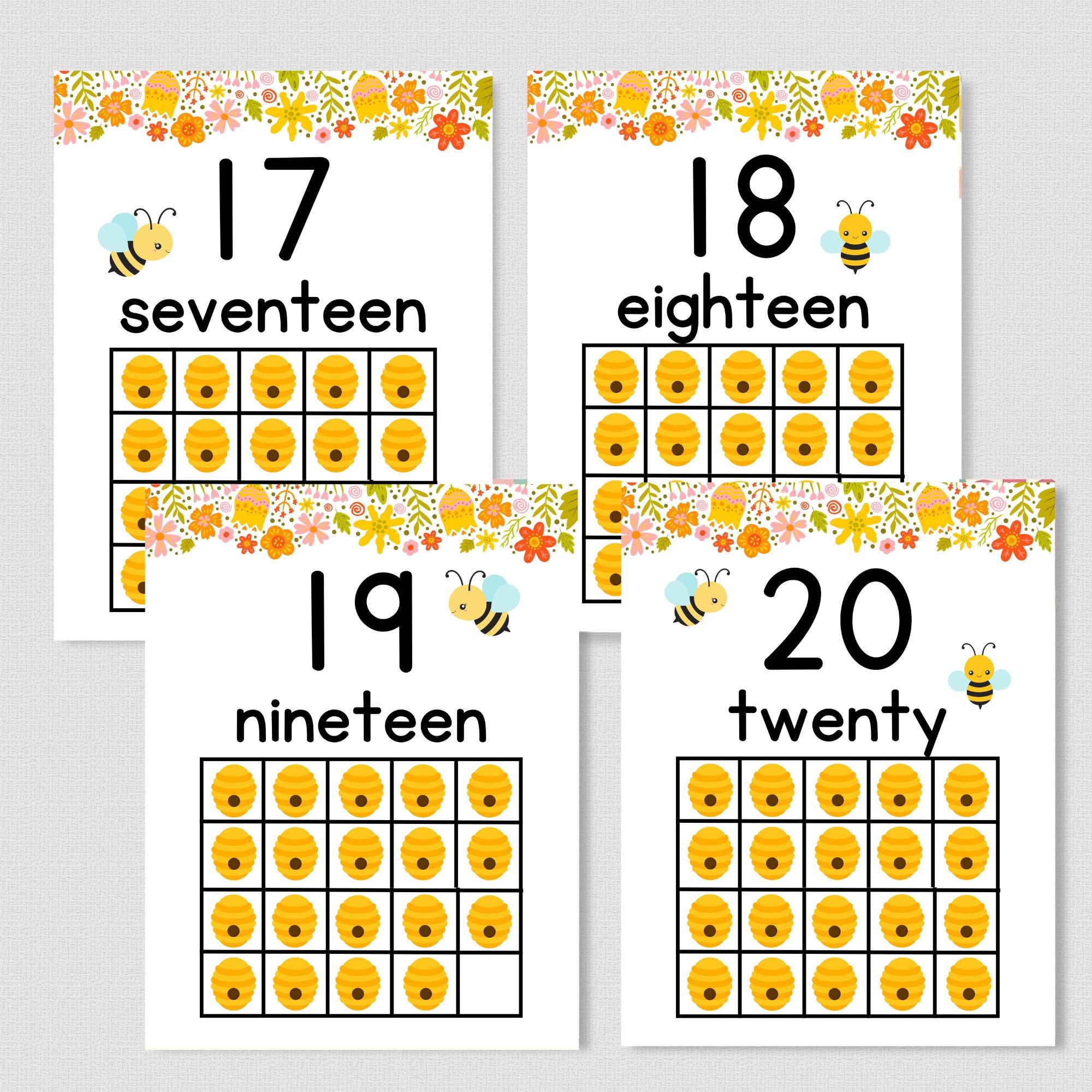BEE THEME NUMBER Posters, Printable Honey Bee Theme, Numbers 1-20 ...