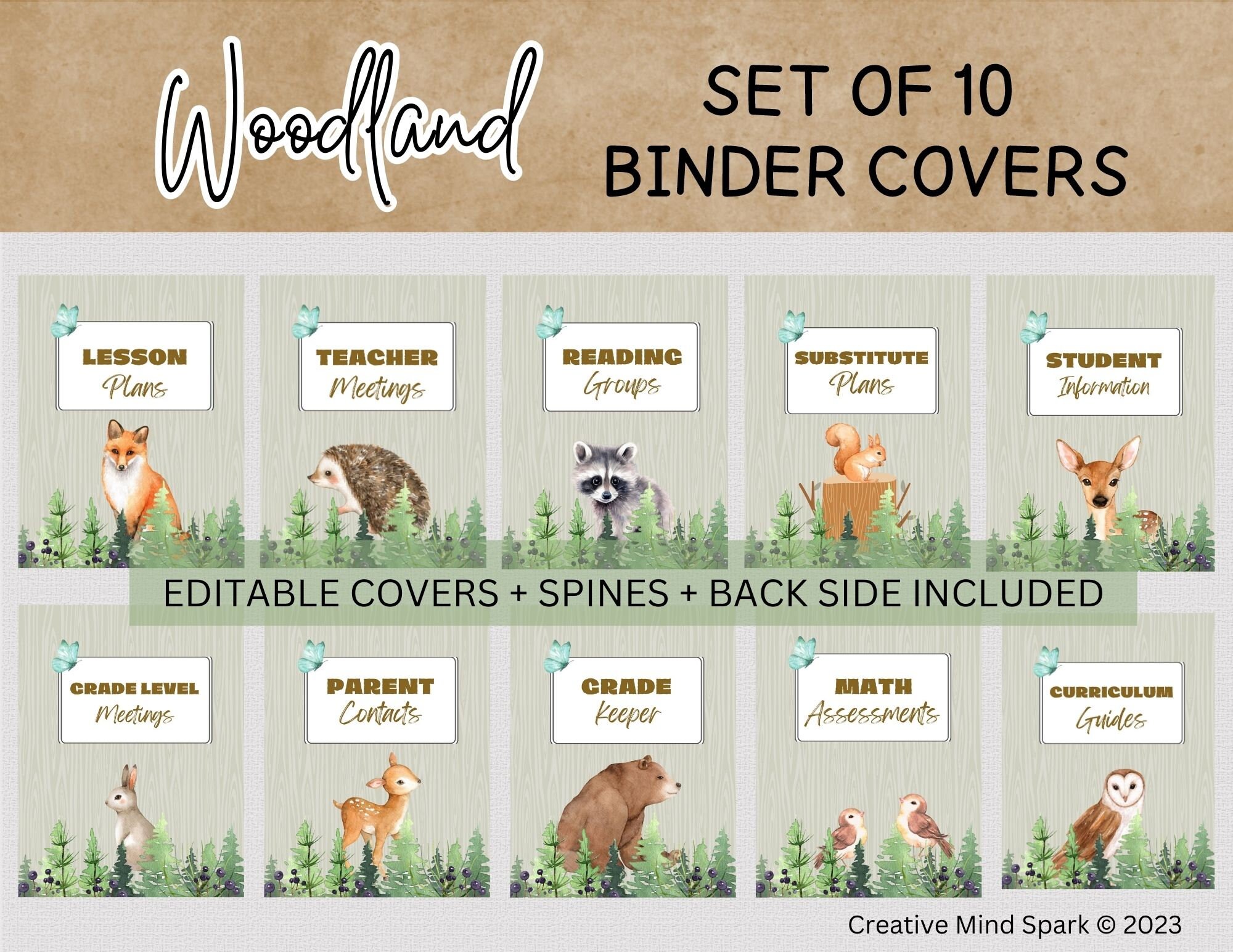 WOODLAND BINDER COVERS, Set of 10, Editable Binder Covers With Woodland ...