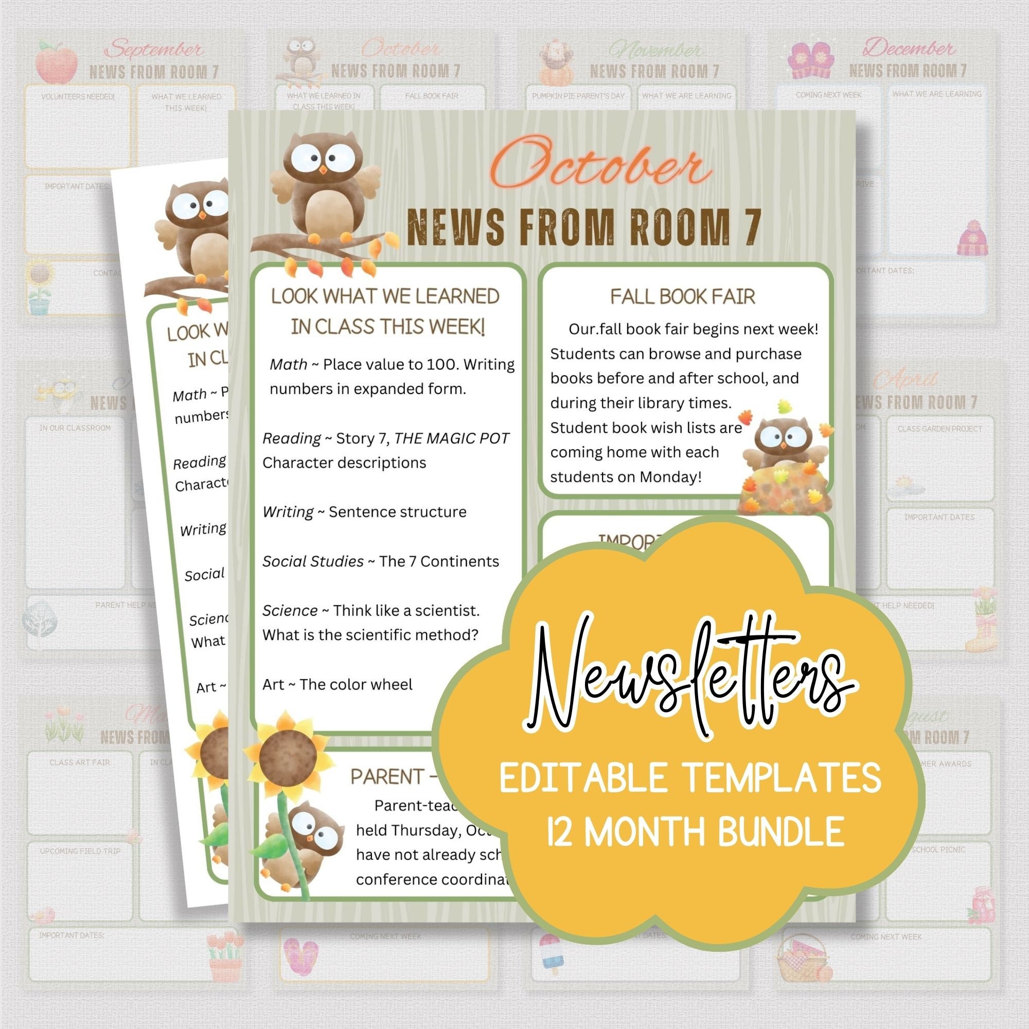 CLASSROOM NEWSLETTER TEMPLATE Bundle, Editable Monthly Classroom ...