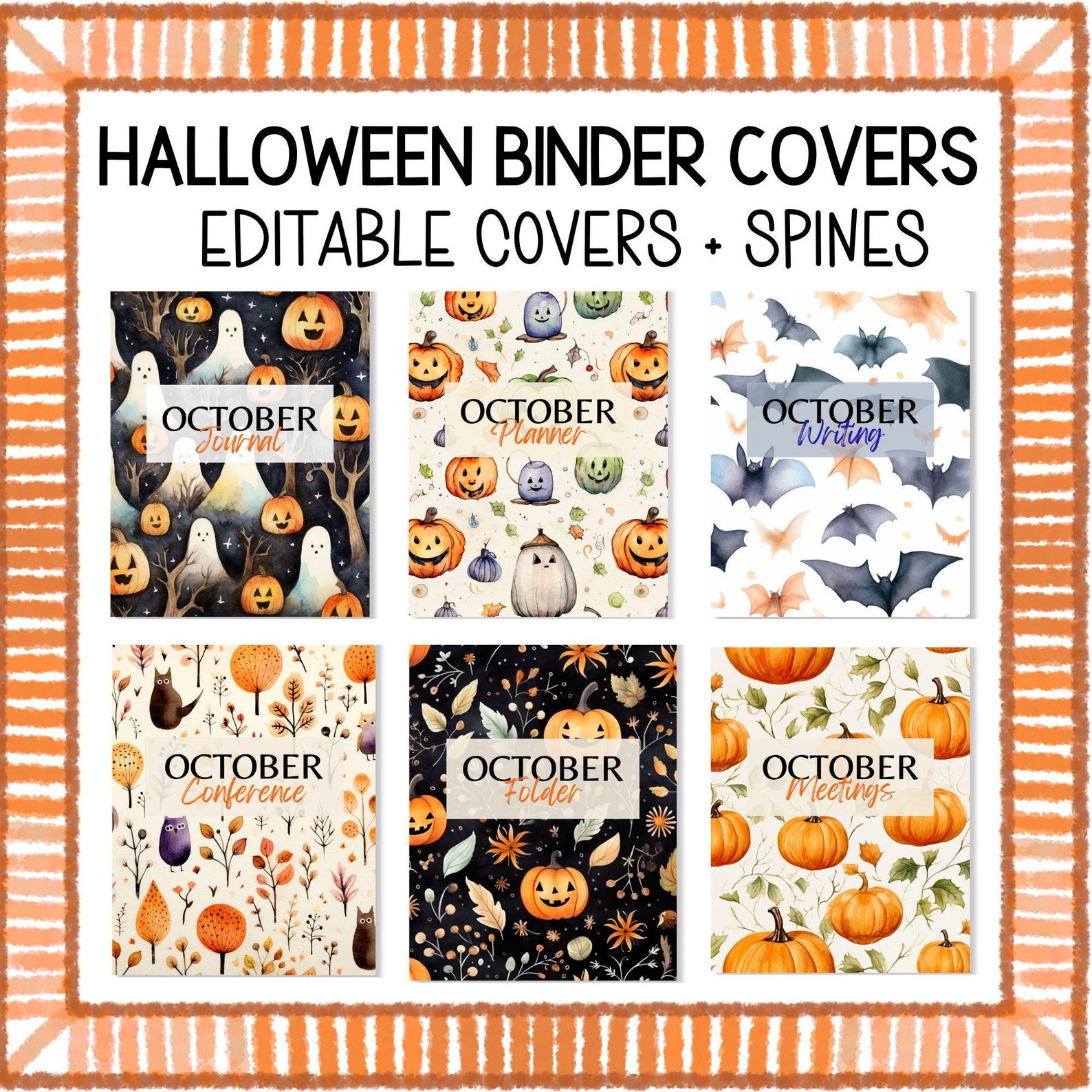 HALLOWEEN BINDER COVERS, Set of 8, Editable October Binder Covers With ...