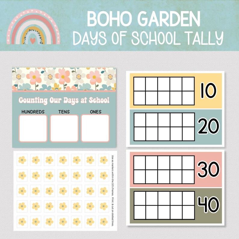DAYS in SCHOOL TALLY Board, Boho Garden Days at School Tally Posters ...