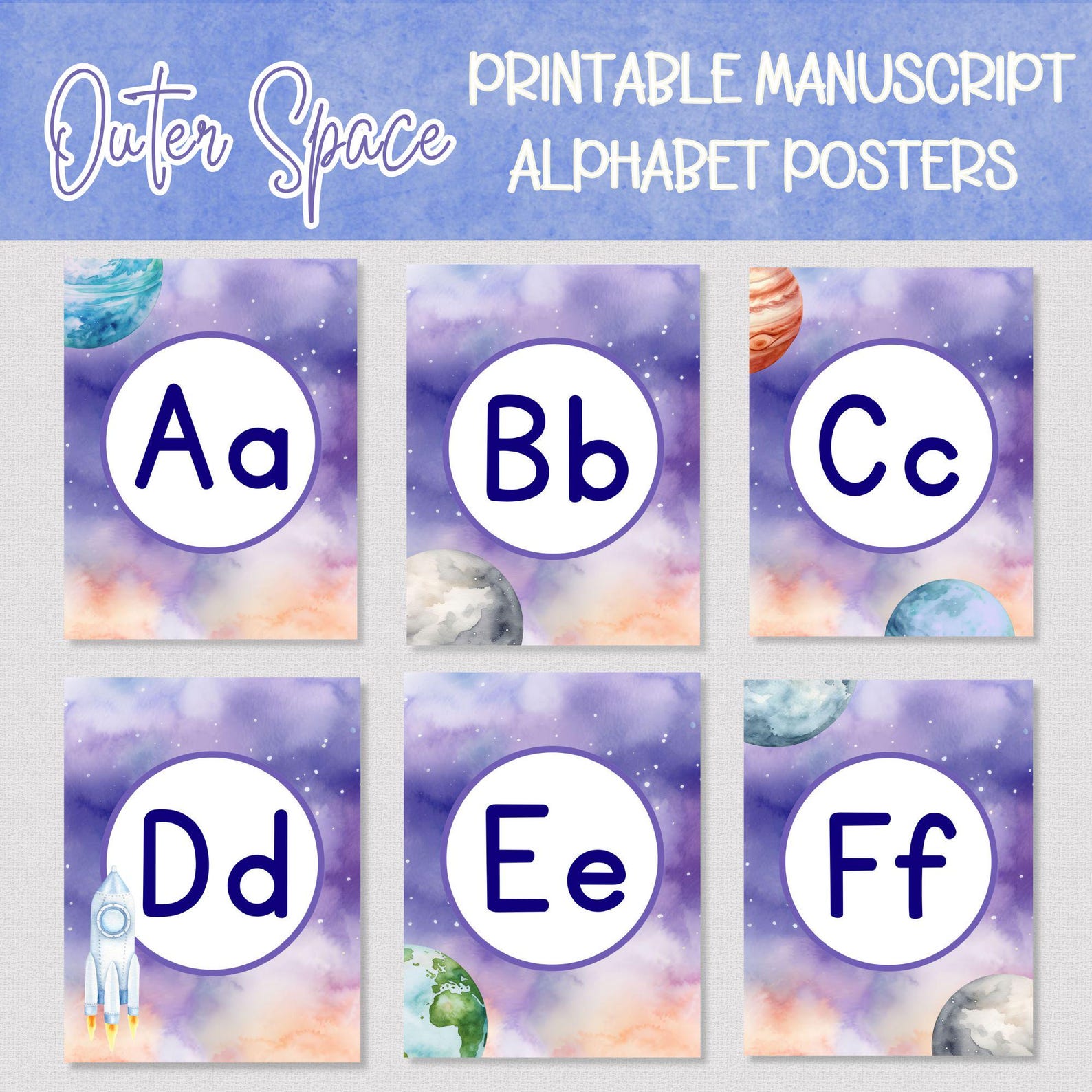 SPACE THEME ALPHABET Posters, Printable Manuscript Alphabet, Outer ...