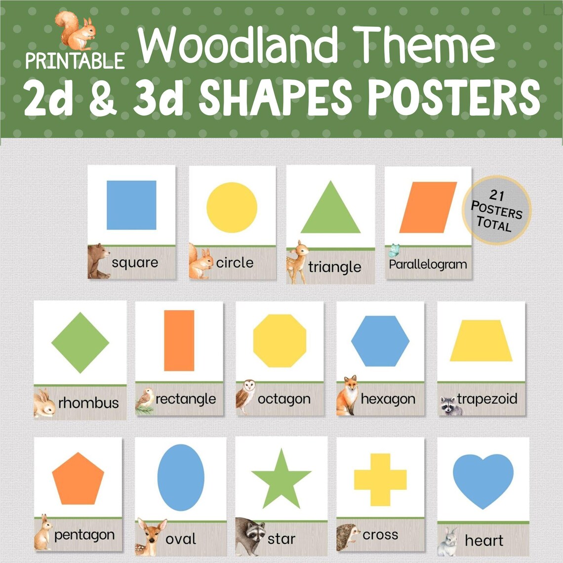 2D and 3D SHAPES POSTERS for Classroom, Set of 21 Printable Woodland ...