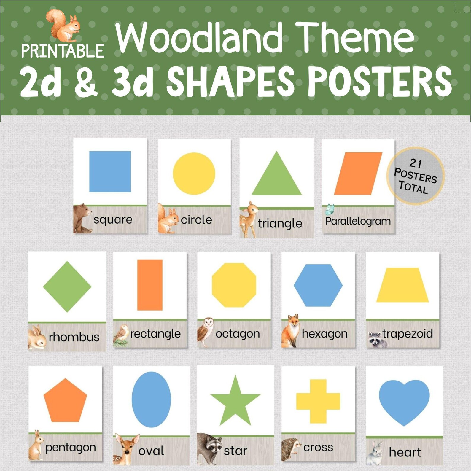 2D and 3D SHAPES POSTERS for Classroom, Set of 21 Printable Woodland ...