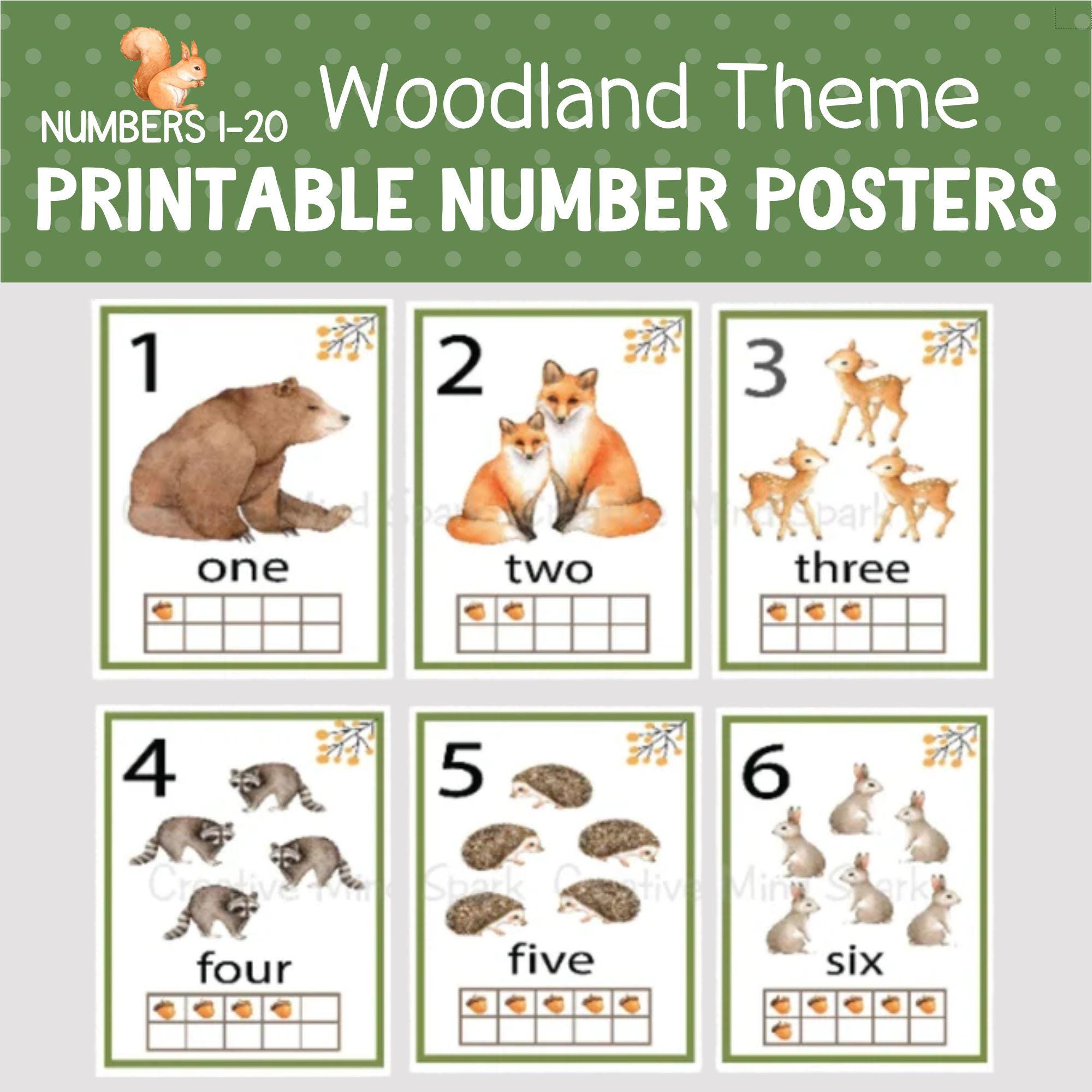 WOODLAND NUMBER POSTERS, Printable Woodland Theme, Numbers 1-20 ...