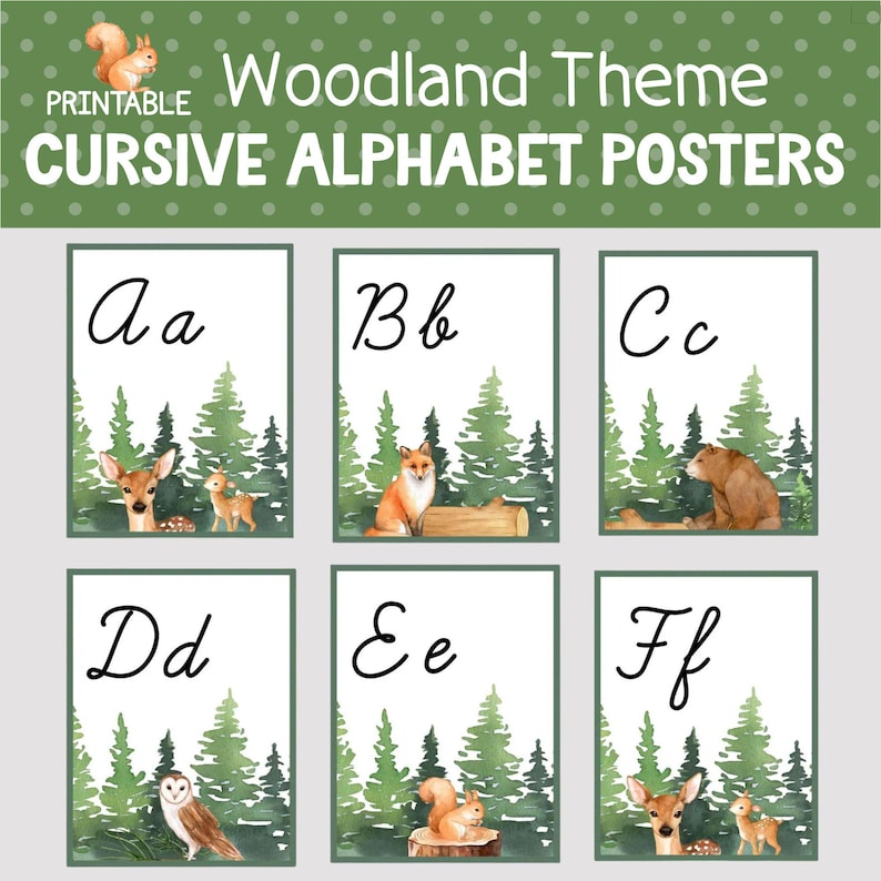 CURSIVE WOODLAND ALPHABET Posters, Printable Nature Cursive Alphabet ...