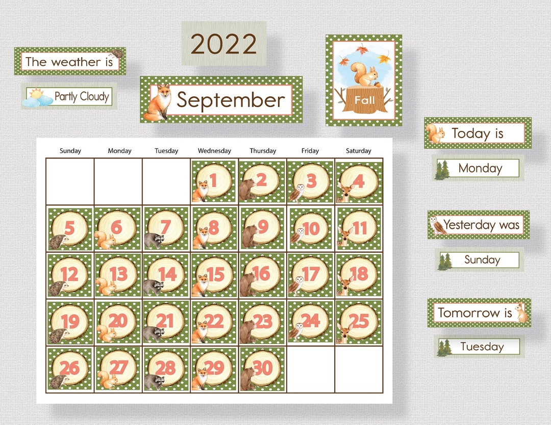 WOODLAND CLASSROOM CALENDAR, Printable Woodland Theme Calendar Bulletin ...