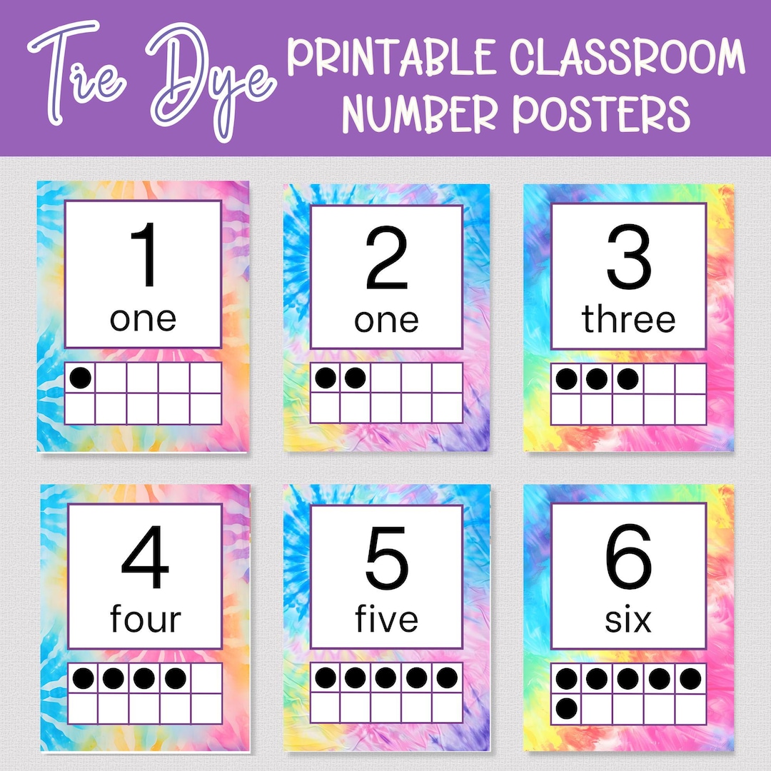 TIE DYE THEME Number Posters, Printable Tie Dye Numbers 1-20 With Tens ...