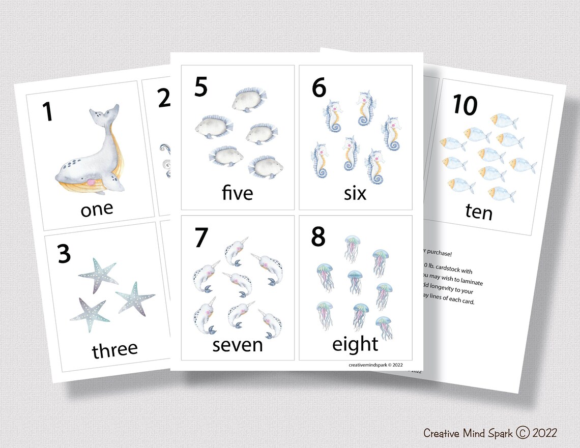 NUMBER FLASHCARDS 1-10, Printable Ocean Animal Number Cards, Under the ...