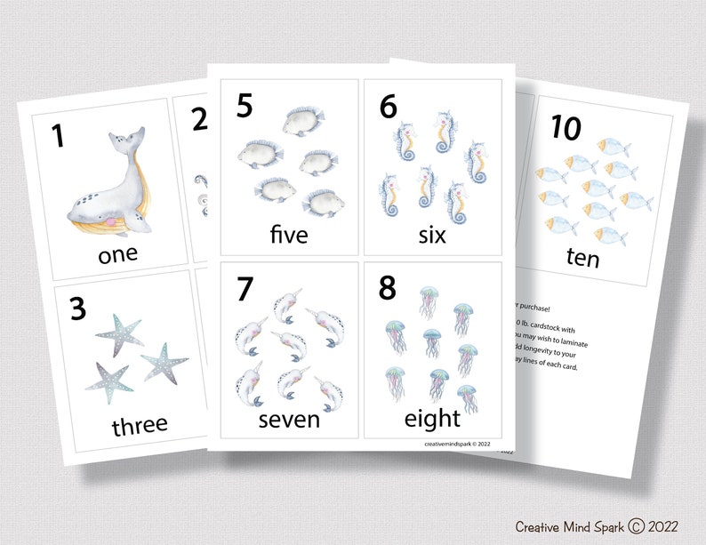 NUMBER FLASHCARDS 1-10, Printable Ocean Animal Number Cards, Under the ...