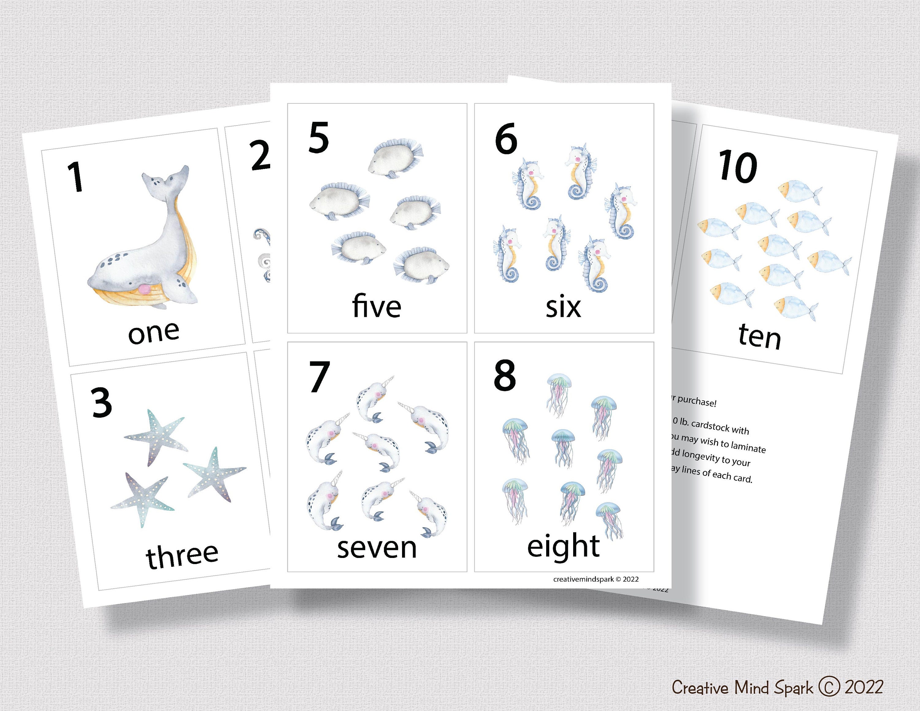 NUMBER FLASHCARDS 1-10, Printable Ocean Animal Number Cards, Under the ...