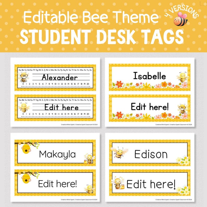 HONEY BEE DESK Name Tags, Editable Bee Theme Desk Name Plates ...