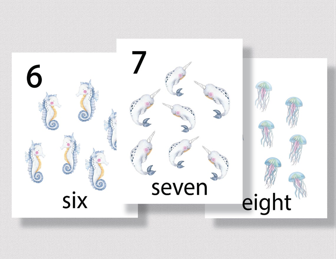 NUMBER FLASHCARDS 1-10, Printable Ocean Animal Number Cards, Under the ...