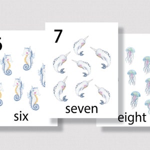 NUMBER FLASHCARDS 1-10, Printable Ocean Animal Number Cards, Under the ...