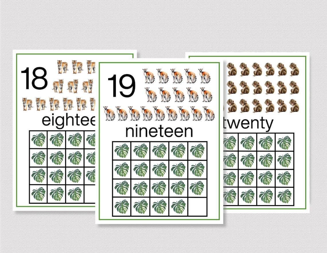 JUNGLE NUMBER POSTERS, Printable Safari Theme Numbers 1-20 With Tens ...