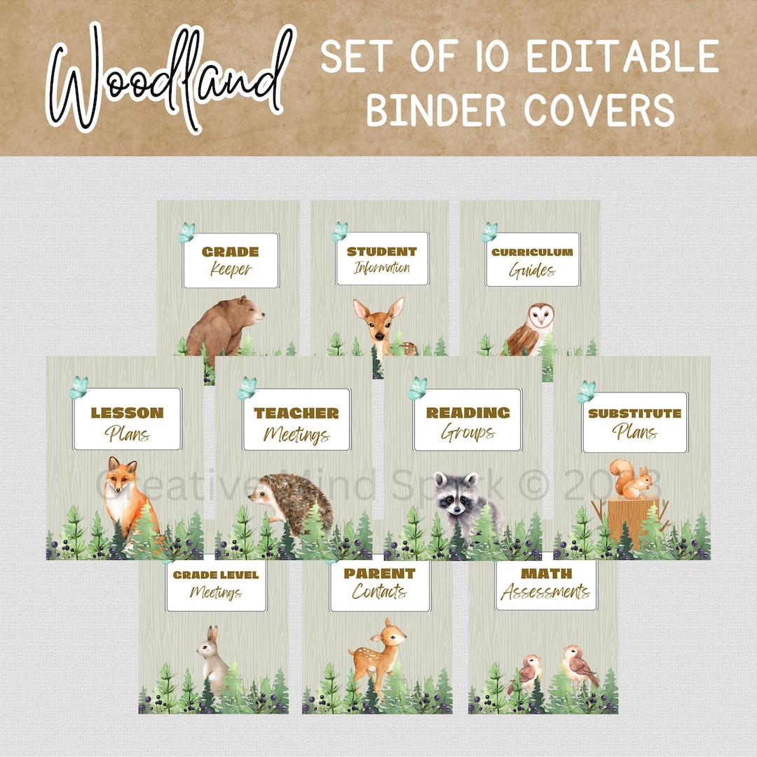 WOODLAND BINDER COVERS, Set of 10, Editable Binder Covers With Woodland ...