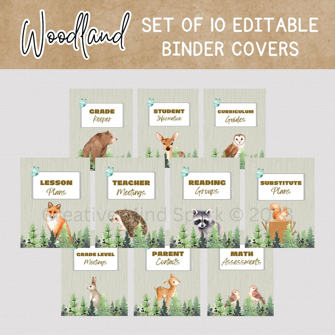 WOODLAND BINDER COVERS, Set of 10, Editable Binder Covers With Woodland ...