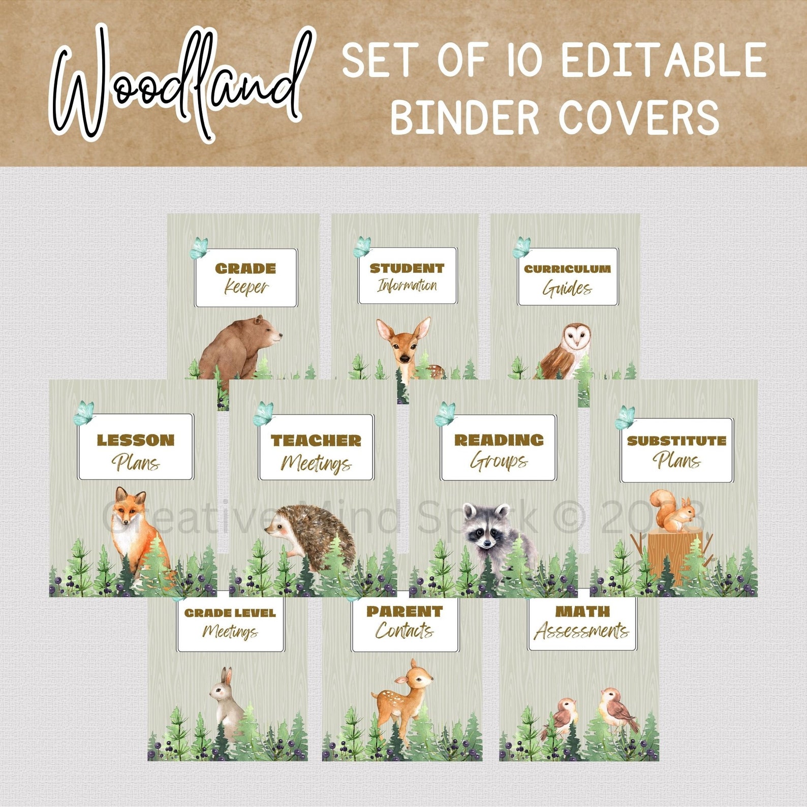 WOODLAND BINDER COVERS, Set of 10, Editable Binder Covers With Woodland ...
