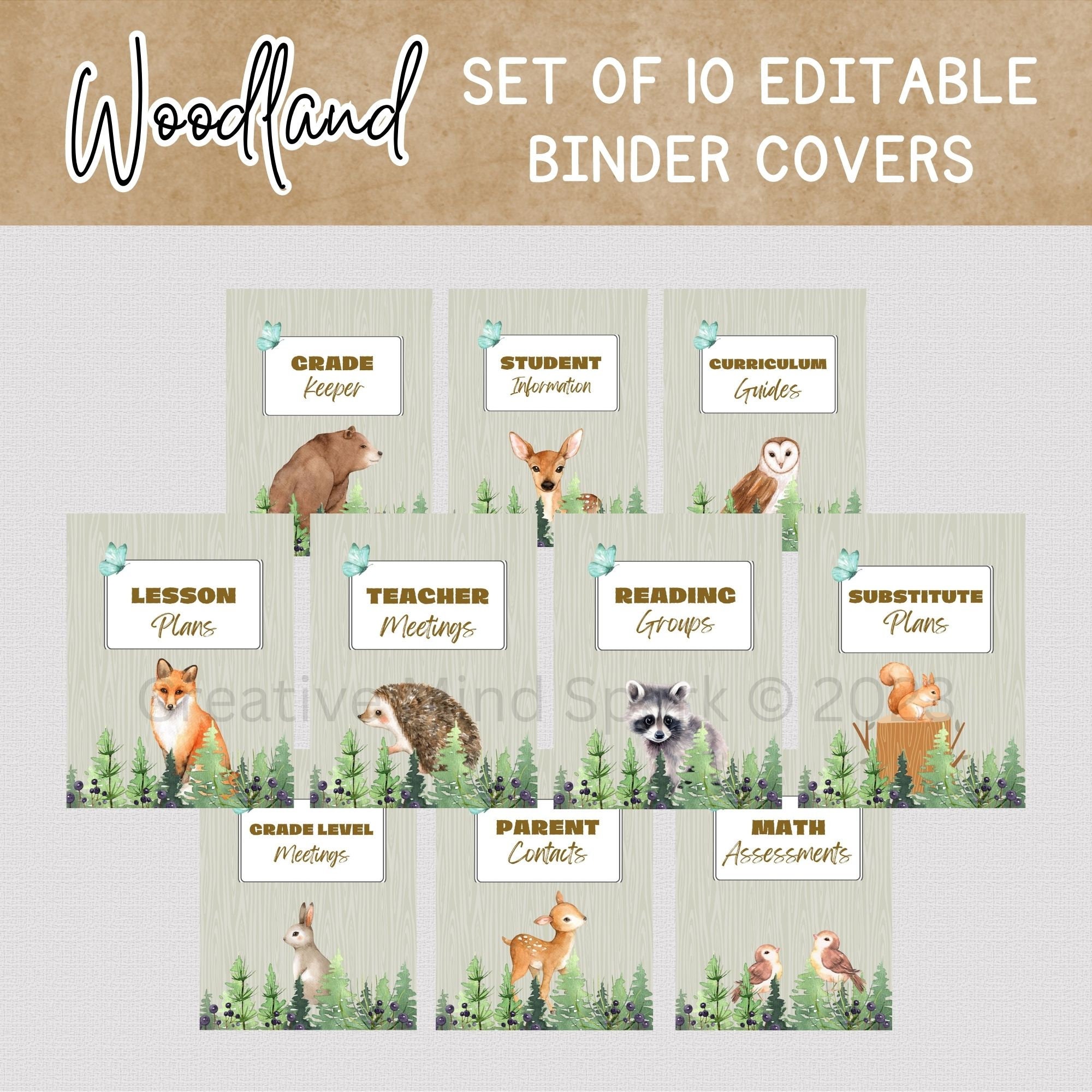 WOODLAND BINDER COVERS, Set of 10, Editable Binder Covers With Woodland ...