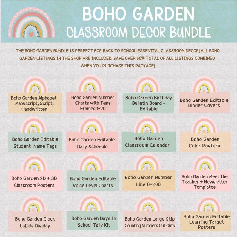 BOHO GARDEN CLASSROOM Decor Bundle, Printable Boho Theme Classroom ...