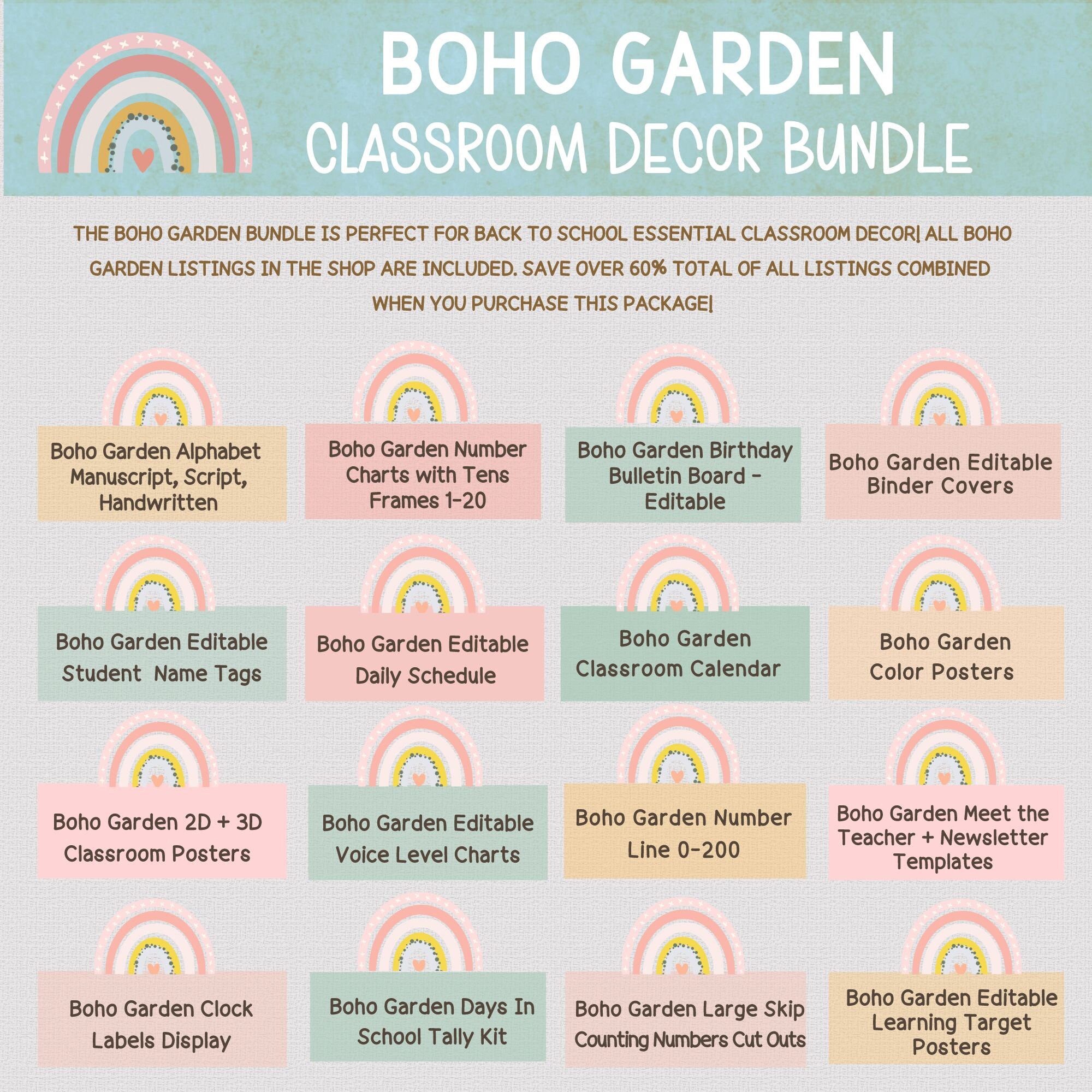 BOHO GARDEN CLASSROOM Decor Bundle, Printable Boho Theme Classroom ...