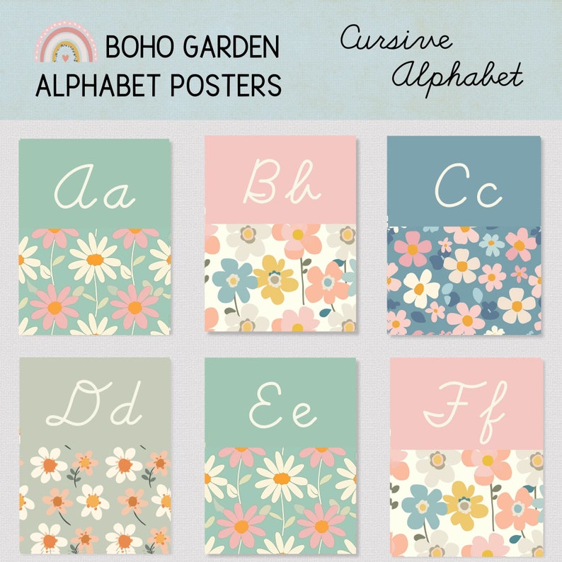 BOHO GARDEN ALPHABET Posters, Printable Retro Classroom Alphabet, Boho ...