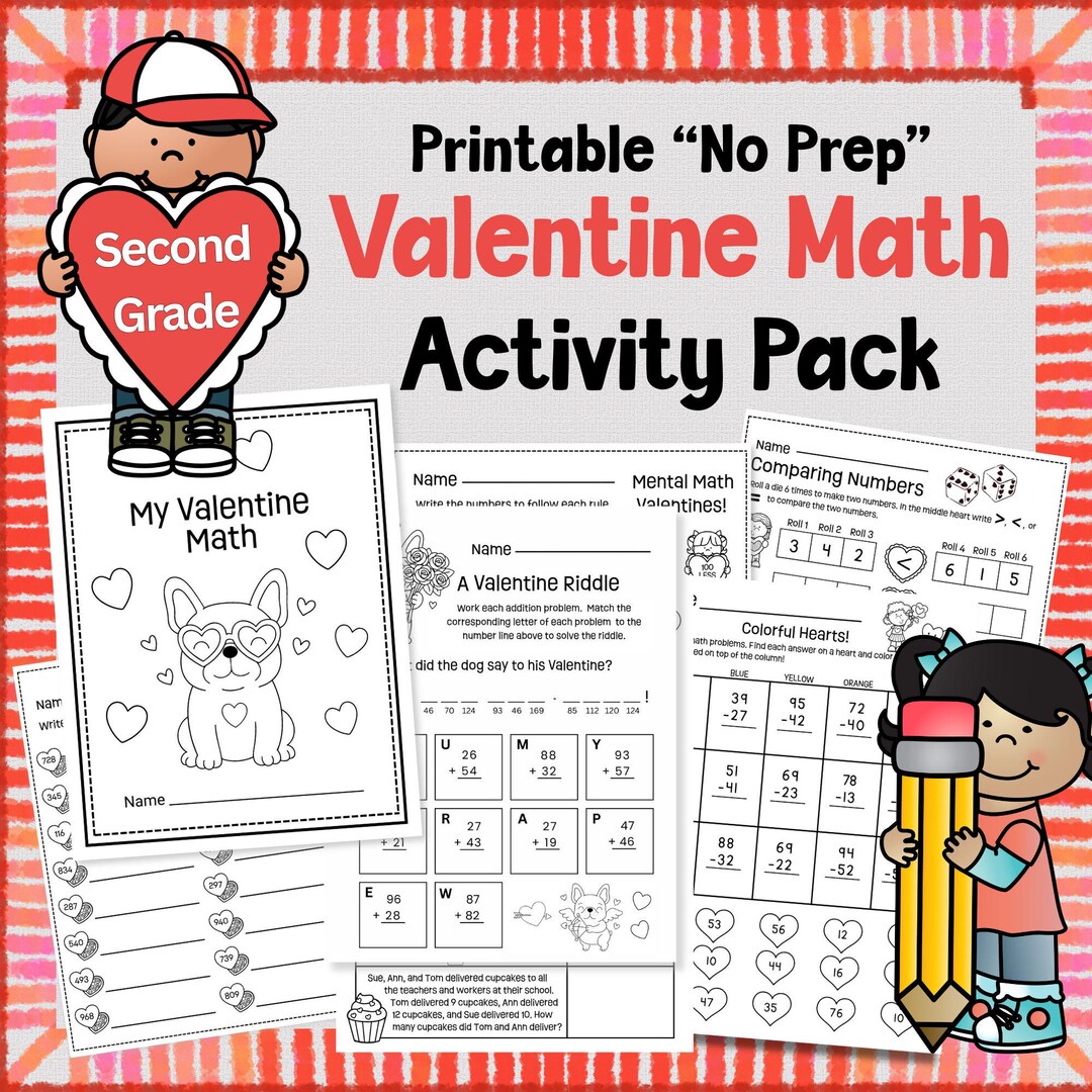 Valentine Math Activities Pack, Printable Worksheets for Kids, Second ...