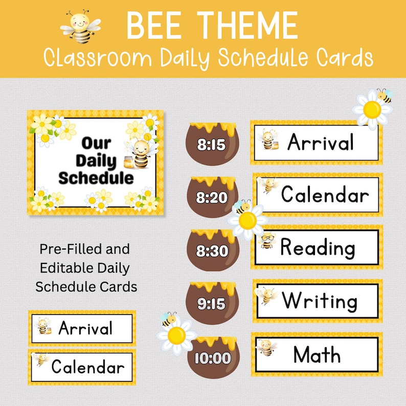 BEE THEME CLASSROOM Schedule, Honeybee Pre Filled and Editable Cards ...