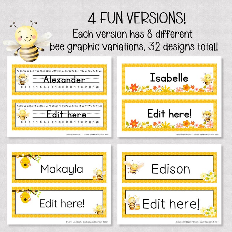 HONEY BEE DESK Name Tags, Editable Bee Theme Desk Name Plates ...