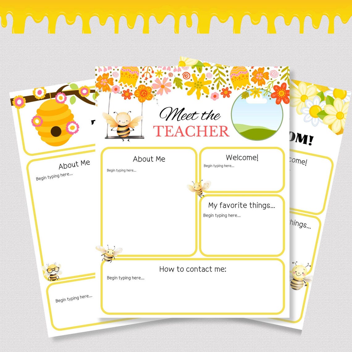 MEET THE TEACHER Bee Theme Newsletter Templates, Canva Template for ...